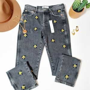 Zara | Jeans | New Zara Yellow Floral Embroidery Blackgray Full Length ...